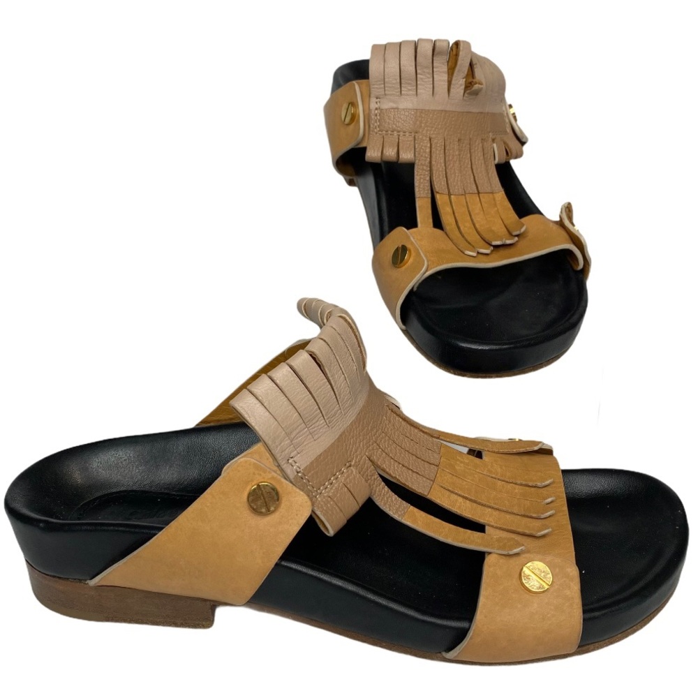 Chloe Erika Kiltie Trim Flats Sliders Sandals - Gem